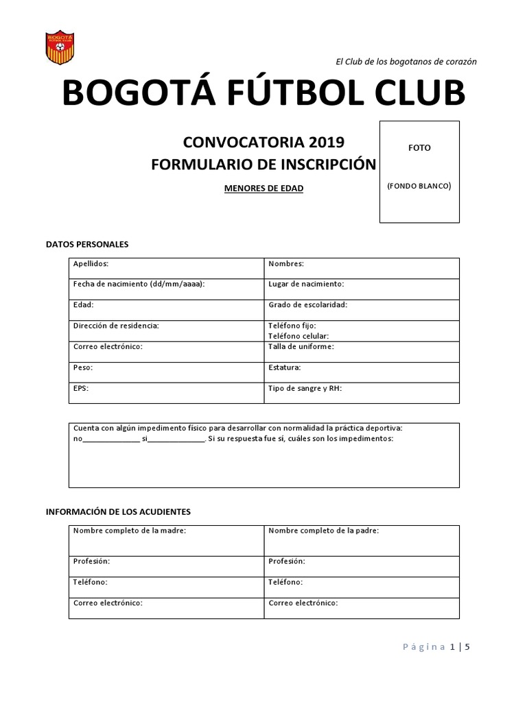 Formulario de Inscripción Fútbol 2019 | PDF | Asociación de Futbol | Bogotá