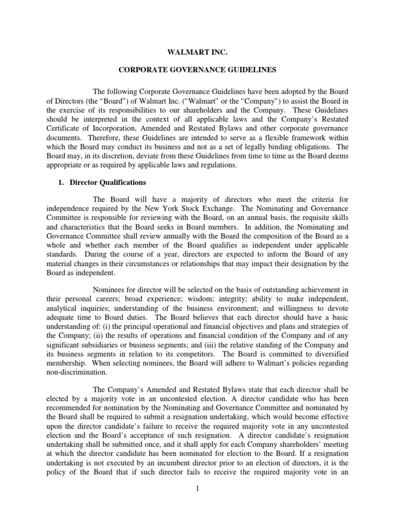 Walmart Corporate Governance Guidelines | PDF | Board Of Directors ...