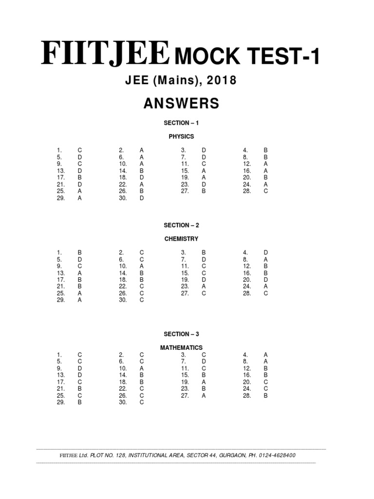 FIITJEE Mock Test Answers Physics Chemistry Maths | PDF | Nature