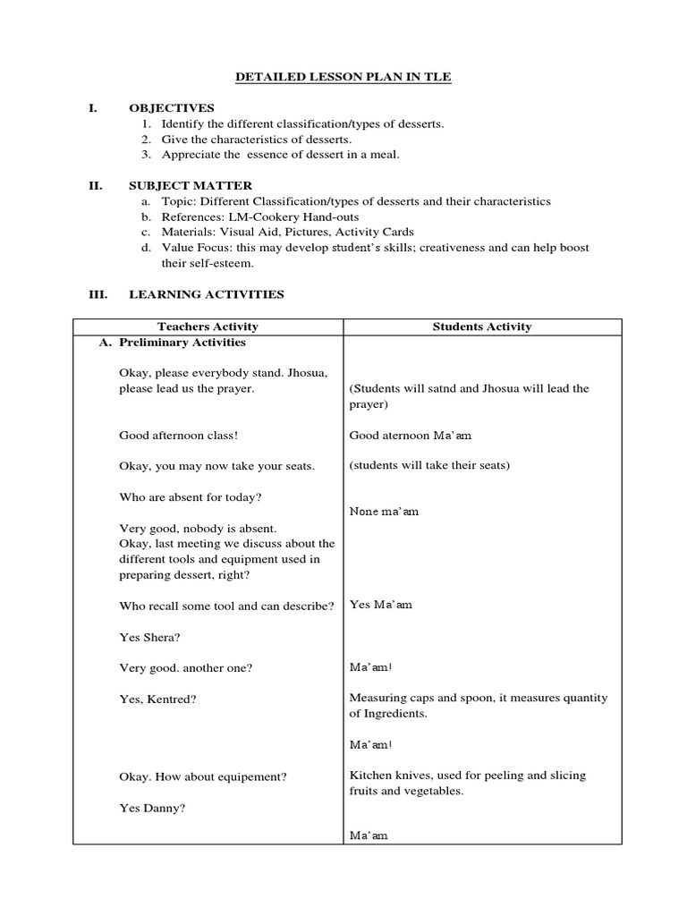 Detailed Lesson Plan in Tle | PDF | Pudding | Desserts