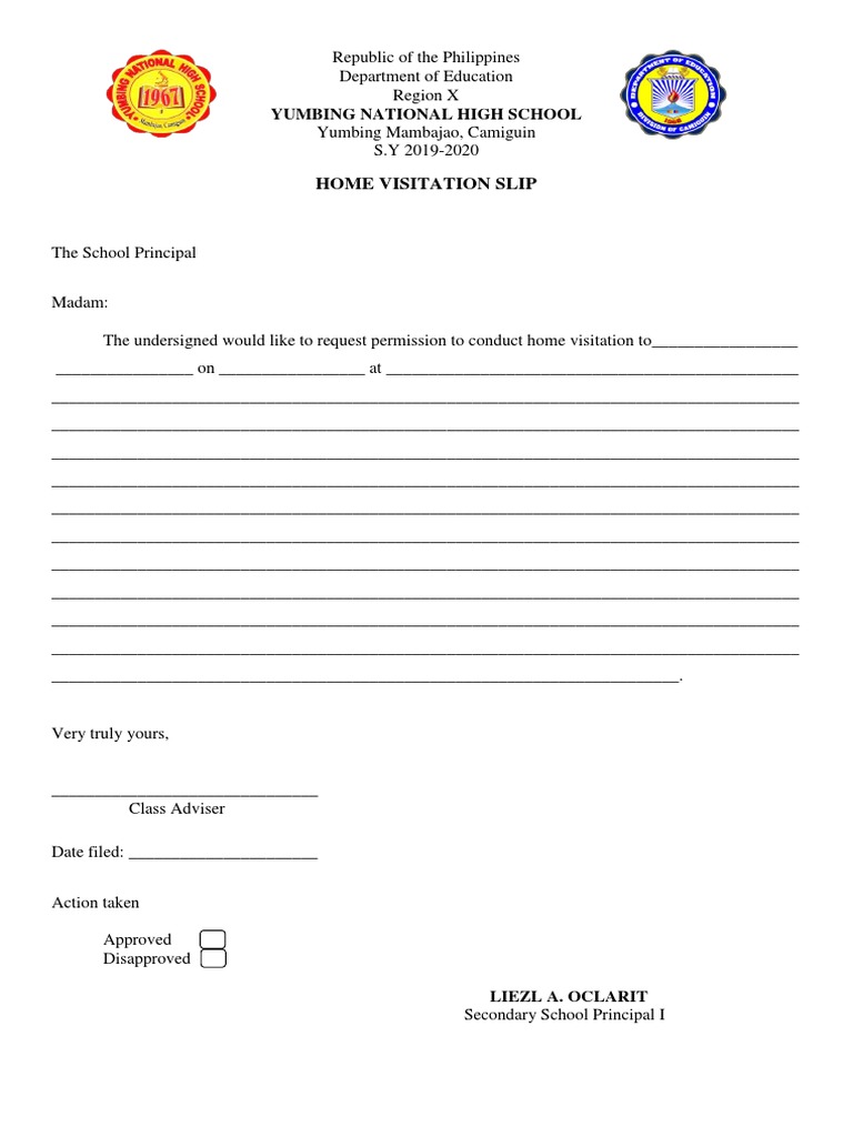 Home Visitation Slip: Yumbing National High School | PDF | Government ...