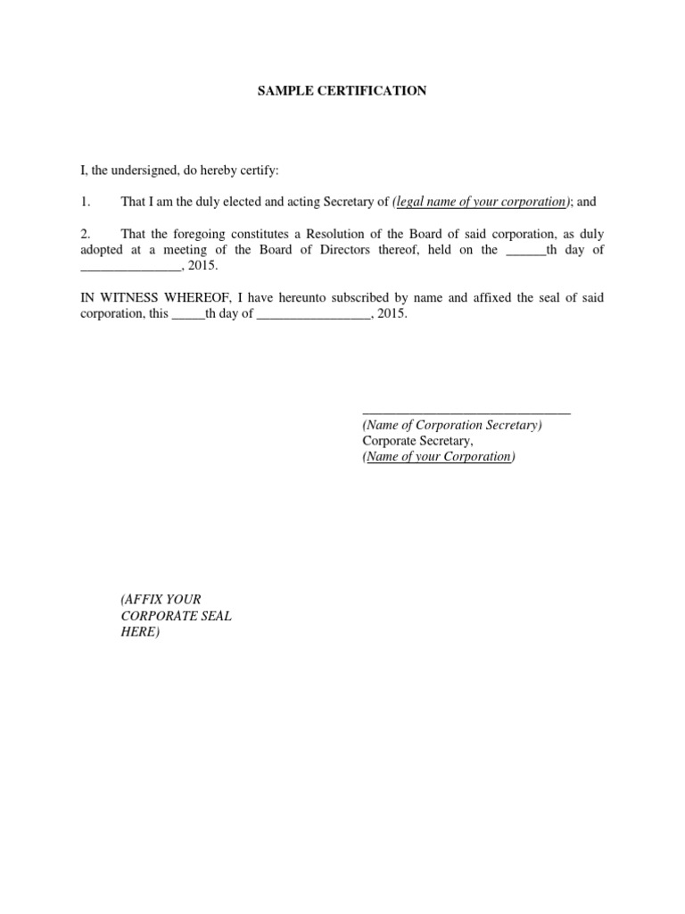 Sample Corporate Secretary Certification | PDF | Finance & Money ...