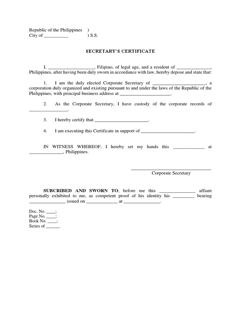 Philippines Secretary Certificate Template | PDF