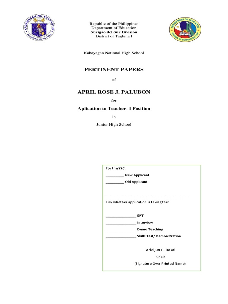 Pertinent Papers: Aplication To Teacher-I Position | PDF