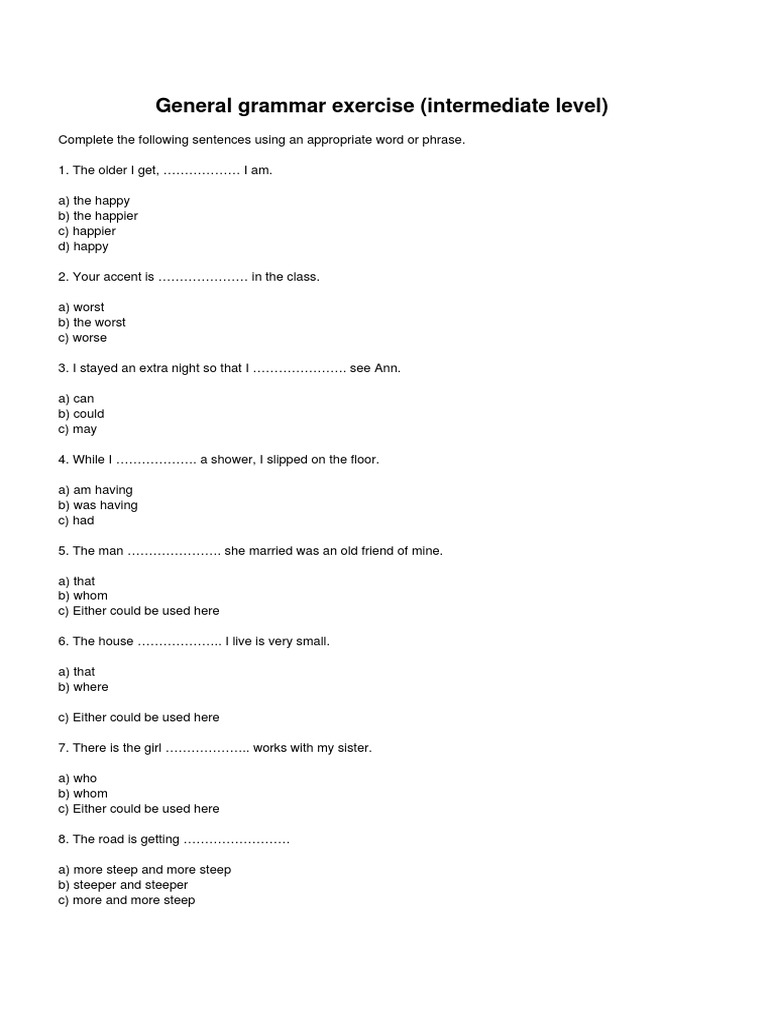 General Grammar Exercise Intermediate Level | PDF
