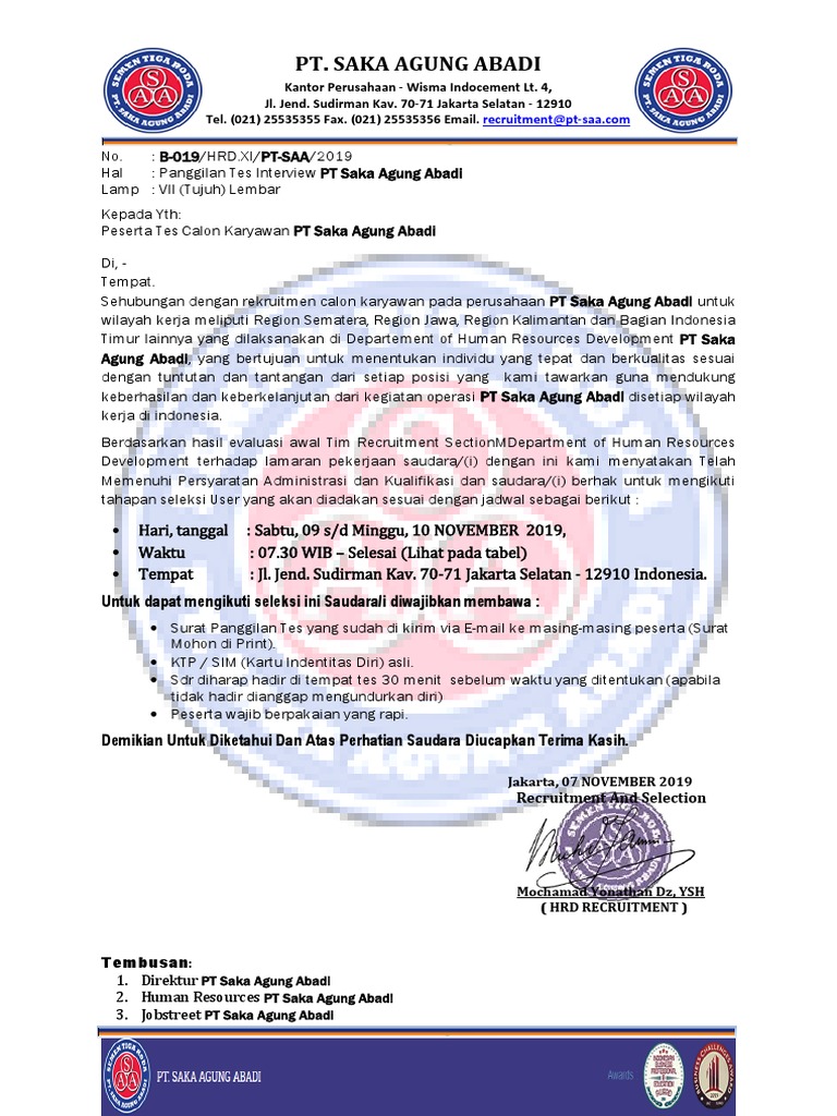 Undangan Tes Interview Calon Karyawan PT Saka Agung Abadi - Jakarta | PDF
