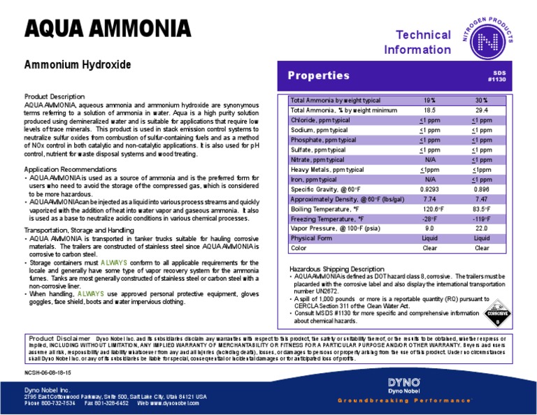Ammonium Hydroxide: Technical Information | PDF | Ammonia | Atoms