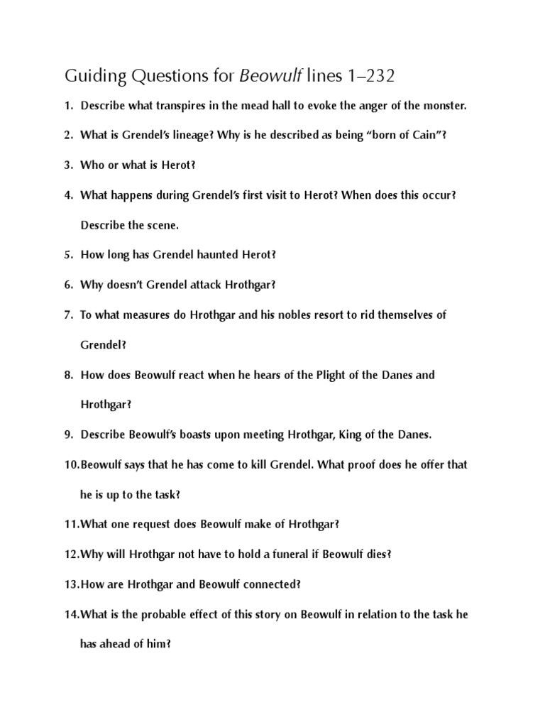 Guiding Questions For Beowulf Lines 1-232 | PDF | History | Religion ...