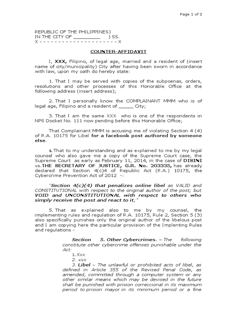 Counter Affidavit Against A Cyberlibel Complaint | Download Free PDF ...