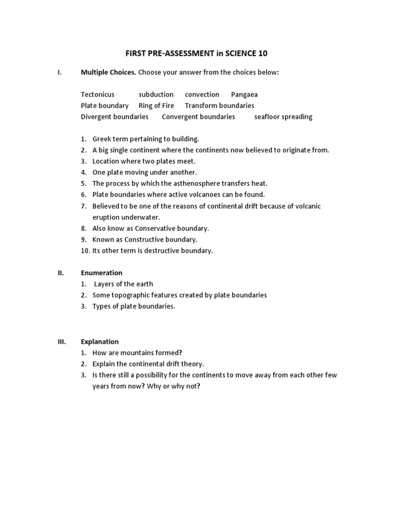 Science 10 Pre-Assessment: Plate Tectonics | PDF