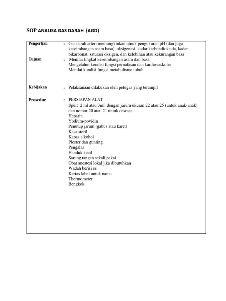SOP Pengambilan Gas Darah Arteri | PDF