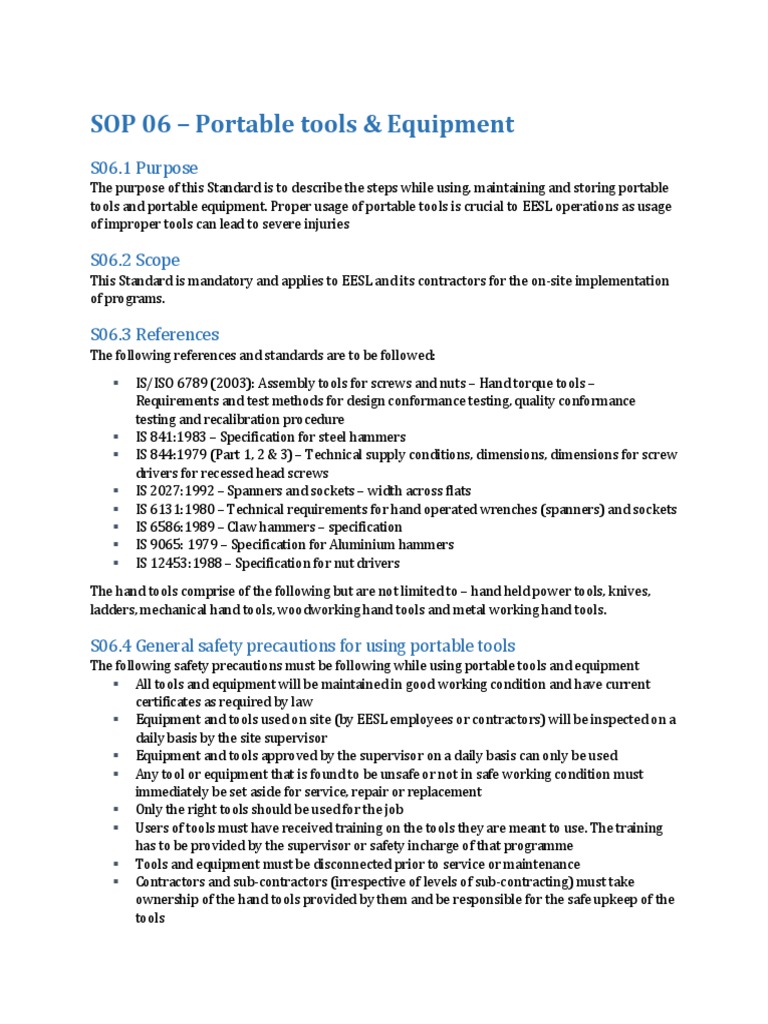 SOP 06 - Portable Tools and Equipment | PDF | Tools | Knife