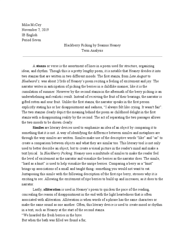 Blackberry Picking Analysis-2 | PDF | Poetry