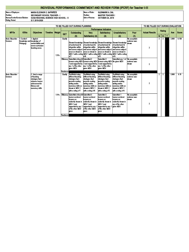 Individual Performance Commitment and Review Form (Ipcrf) For Teacher I ...