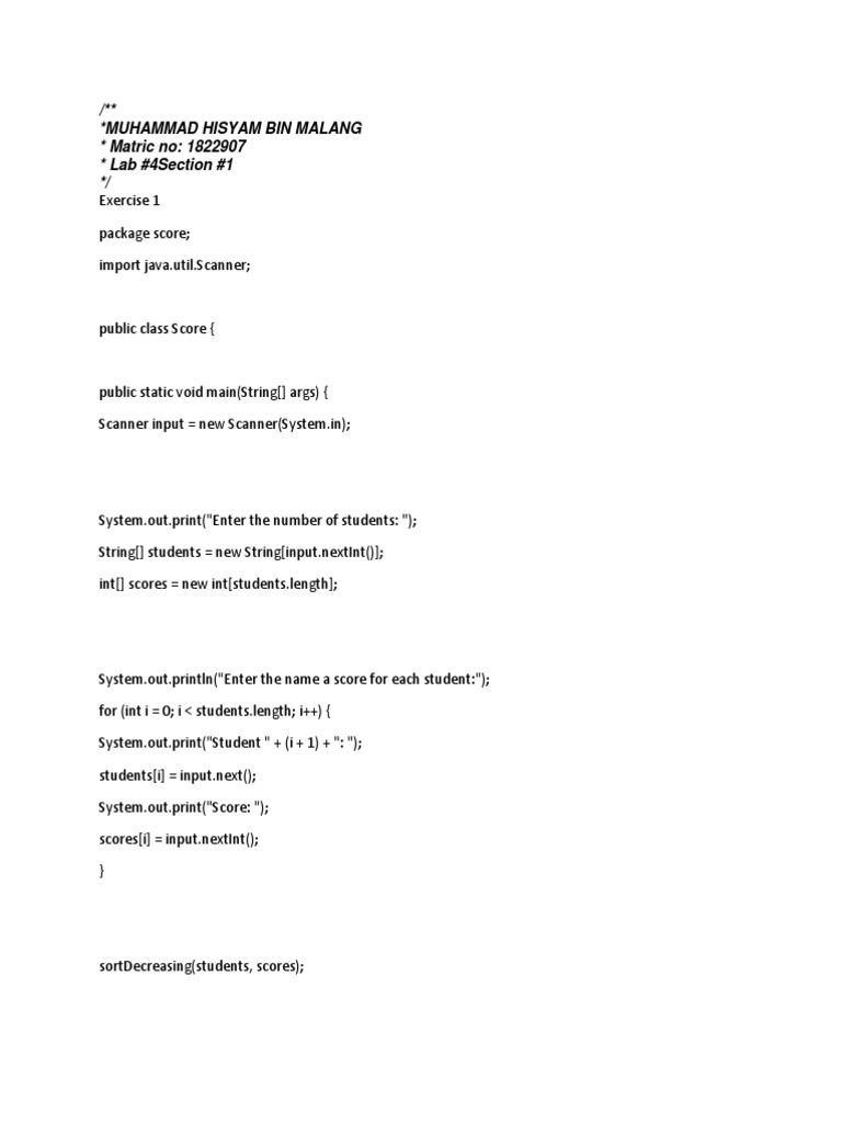 Student Score Sorting and Averaging Java Program | PDF