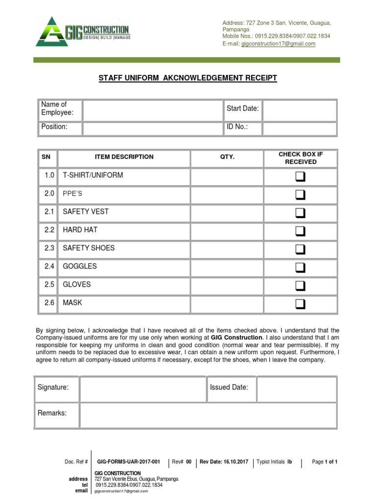 Gig Forms Uar 2017 001 Uniform | PDF | Clothing | Business