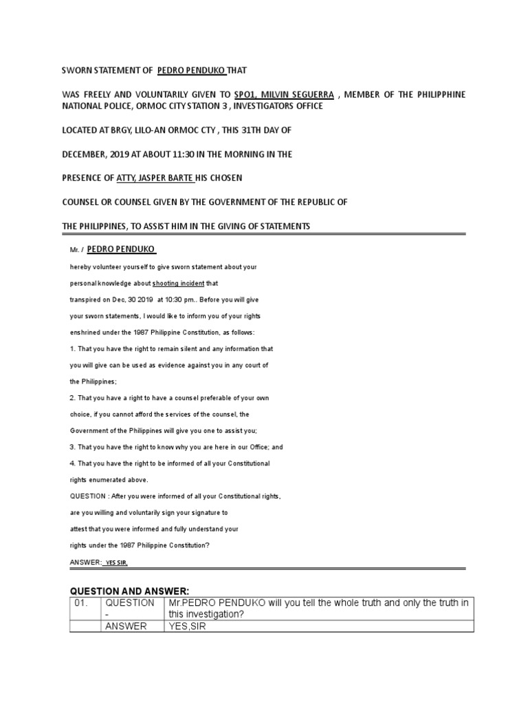 Sample Format of Sworn Statement (Question and Answer) | PDF ...