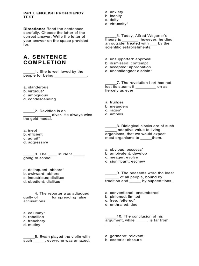 A. Sentence Completion: Part I. English Proficiency Test | PDF
