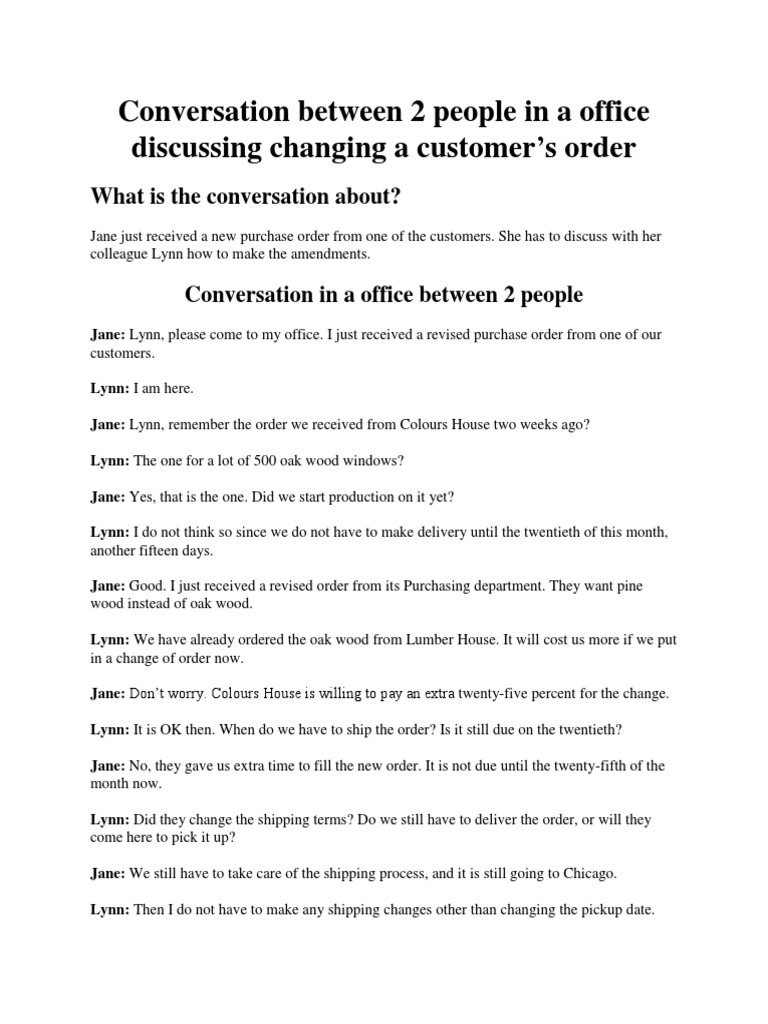 Conversation Between 2 People in A Office Discussing Changing A ...