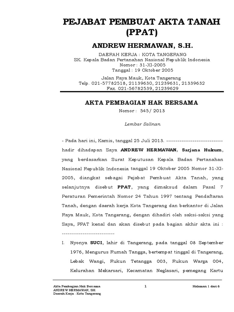 Contoh Akta Pembagian Harta Bersama | PDF Contoh Akta Pembagian Harta Bersama | PDF