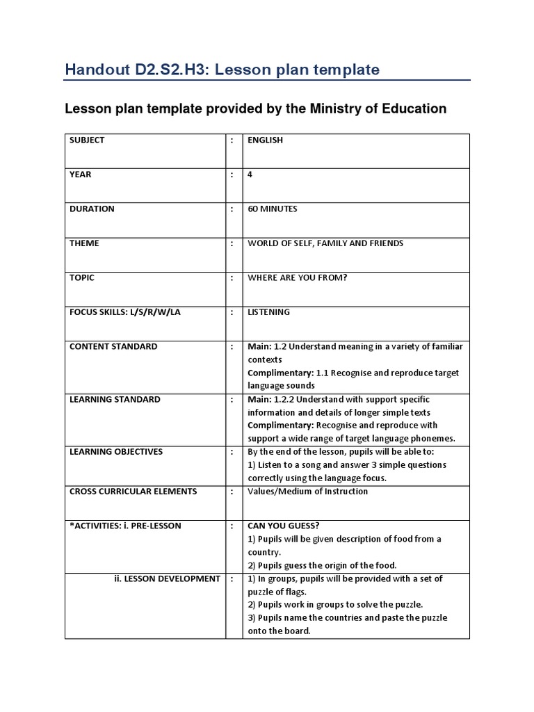 Handout D2.S2.H3: Lesson Plan Template | PDF | Lesson Plan ...