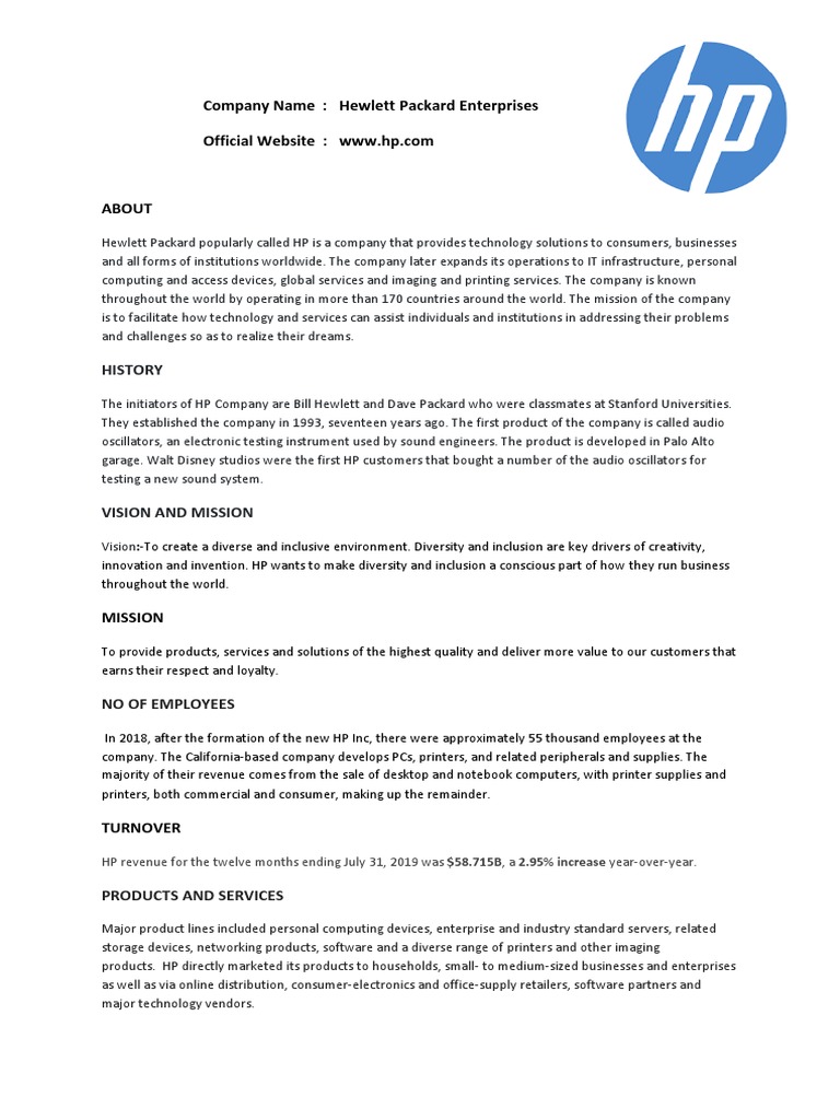Company Name: Hewlett Packard Enterprises: History | PDF | Hewlett ...