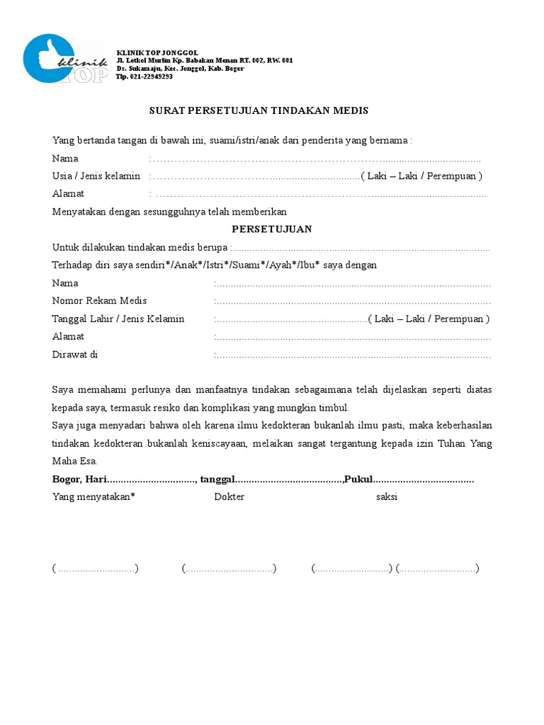 Surat Persetujuan Tindakan Medis Klinik | PDF