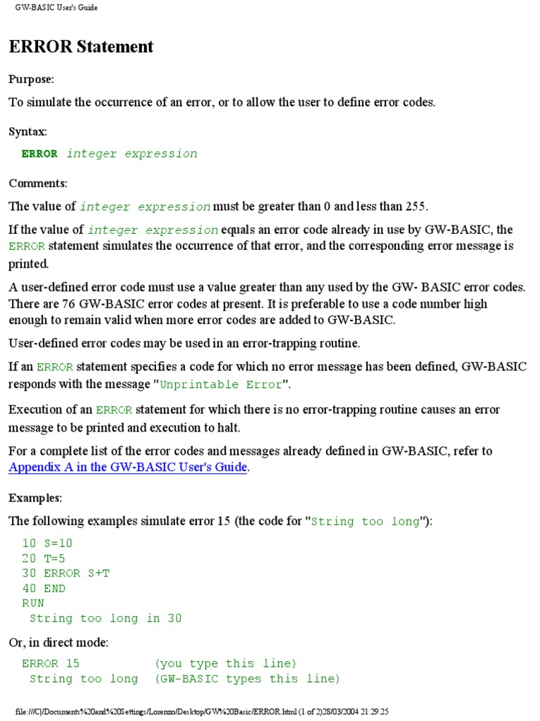 ERROR Statement: Purpose | PDF