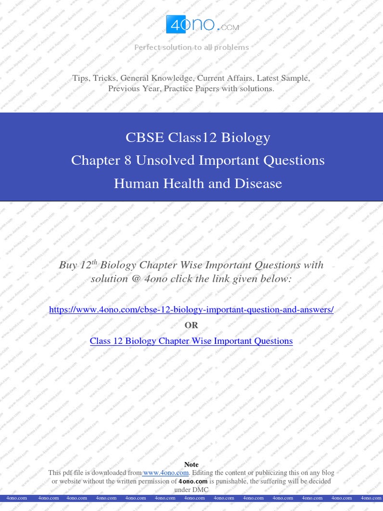 Chapter 8 Human Health and Disease Unsolved Important Questions Class ...