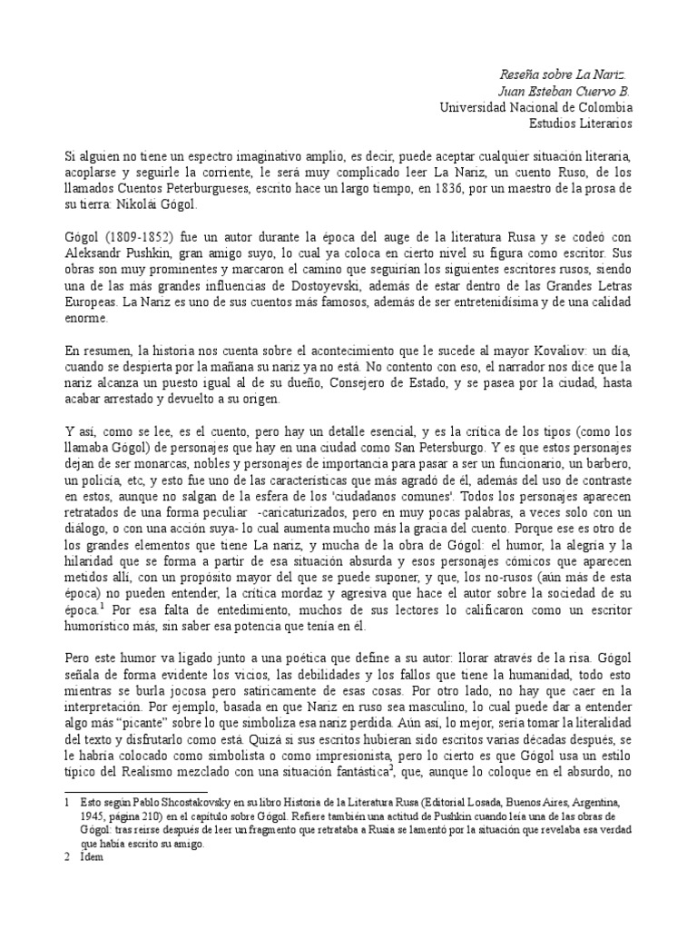Resena Sobre La Nariz de Gogol | PDF | Nikolai Gogol | Humor