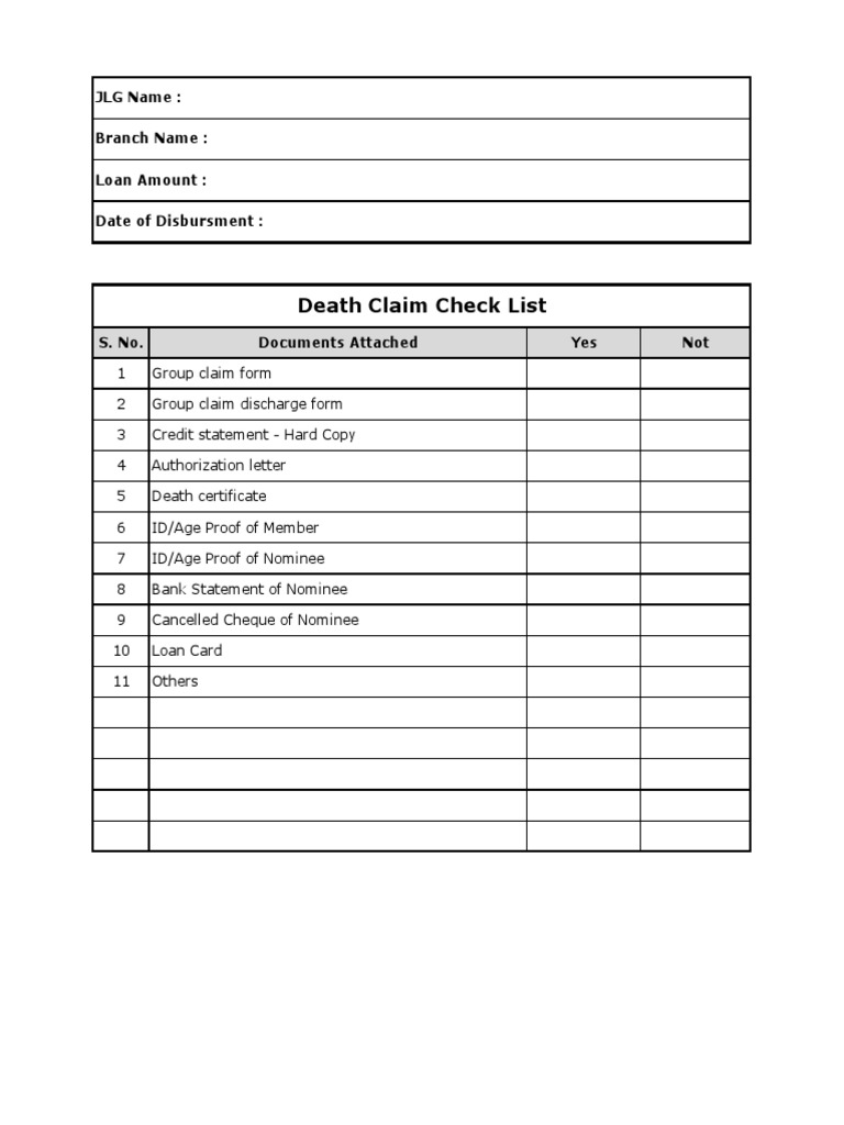 Death Claim Check List: JLG Name: Branch Name: Loan Amount | PDF ...