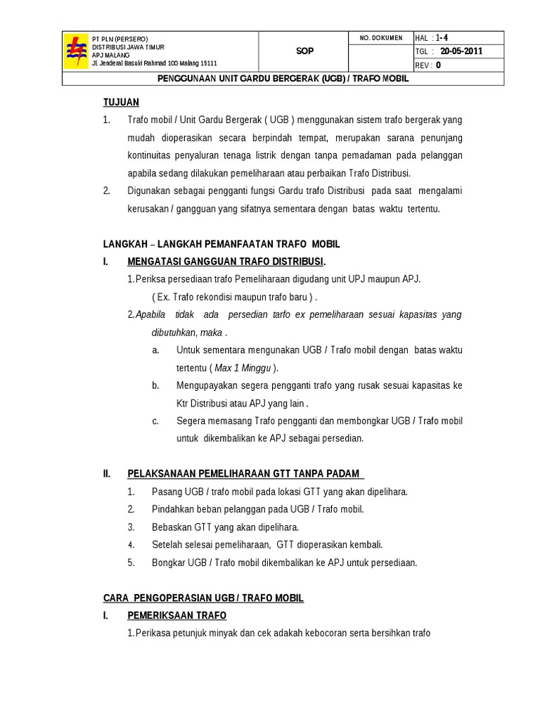 Sop Penggunaan Unit Gardu Bergerak Trafo | PDF