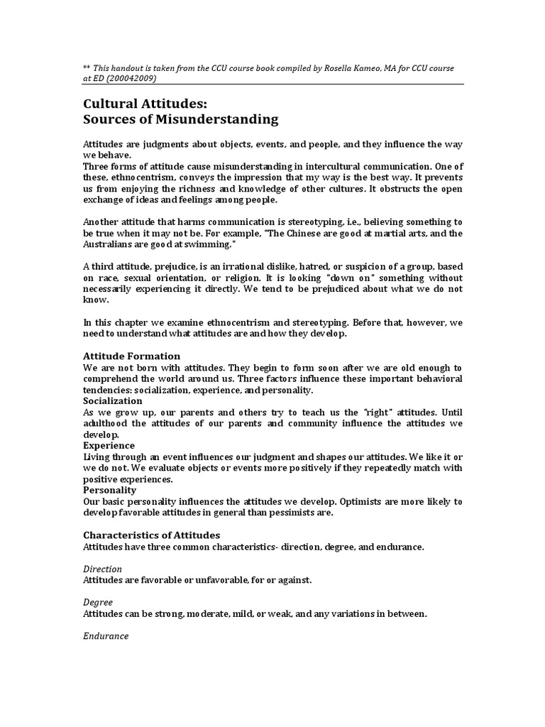Cultural Attitudes: Sources of Misunderstanding | PDF | Stereotypes ...