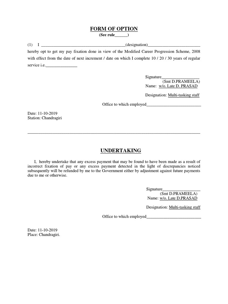 Pay Fixation Option Form Template | PDF