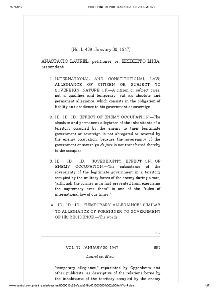 (No. L-409. January 30, 1947) Anastacio Laurel, Petitioner, vs ...