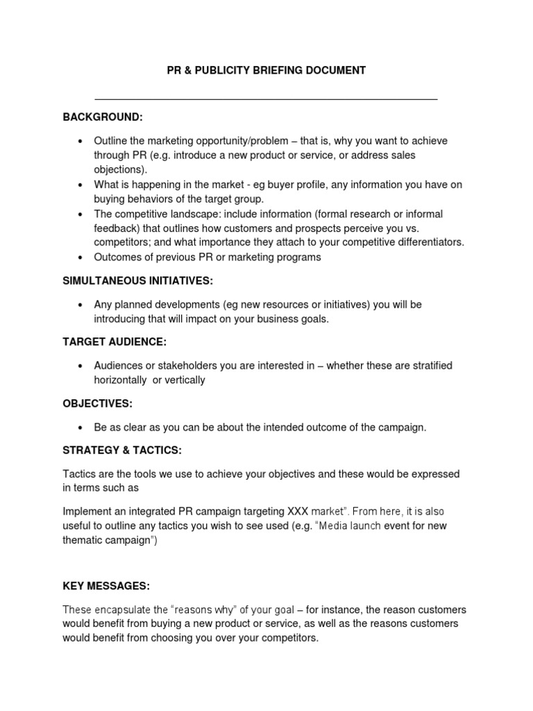 PR & Publicity Briefing Document - Background | PDF | Target Audience ...