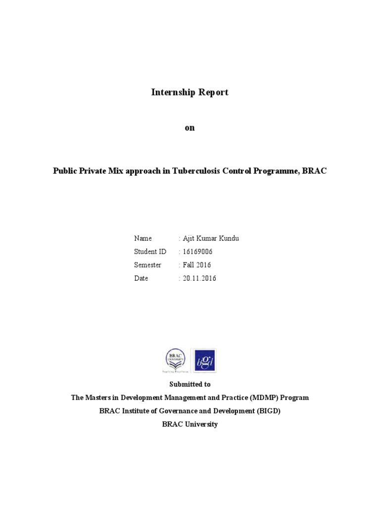 Internship Report On: Public Private Mix Approach in Tuberculosis Control Programme, BRAC ...