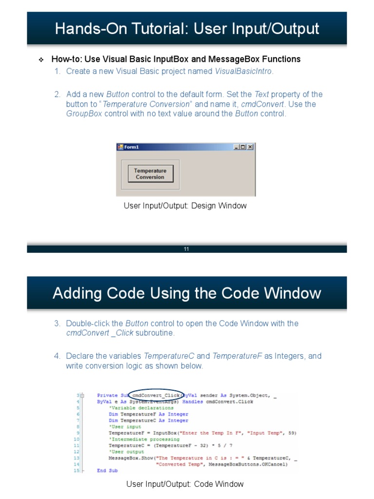 Hands-On Tutorial: User Input/Output: How-To: Use Visual Basic Inputbox and Messagebox Functions ...