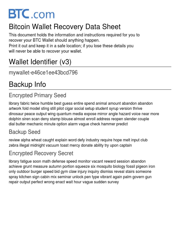 Btc Recovery Data Sheet