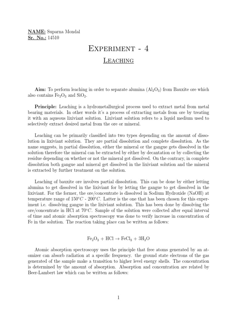 Experiment - 4: Leaching | PDF | Absorption Spectroscopy | Sodium Hydroxide