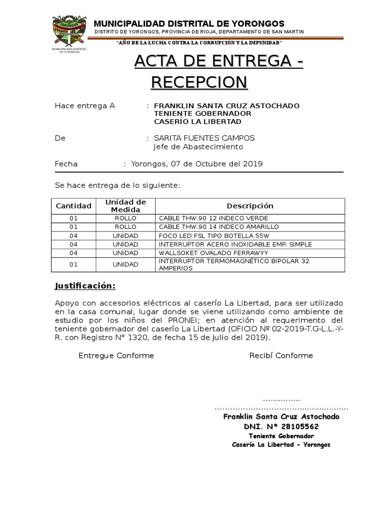 Formato de Acta de Entrega y Recepcion | PDF