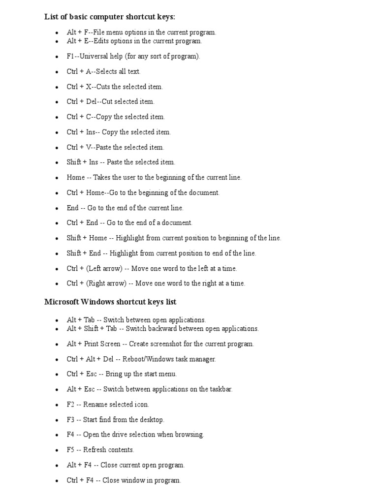 List of Basic Computer Shortcut Keys | PDF | Human–Computer Interaction | Operating System Families