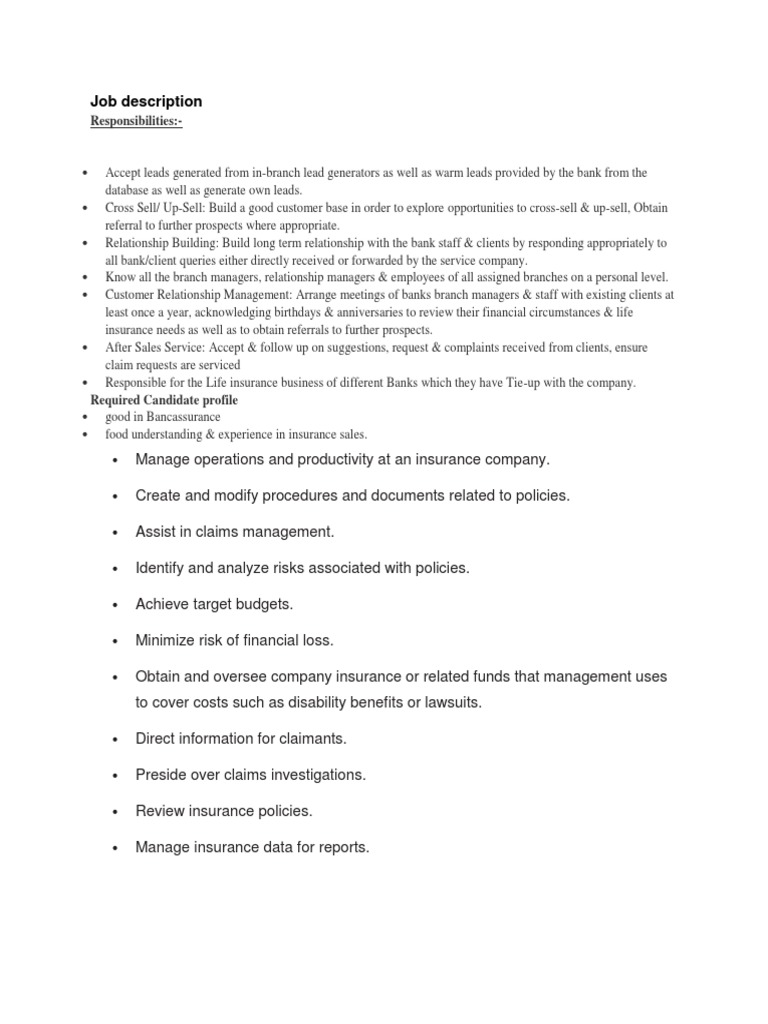 Insurance Job Description | PDF | Insurance | Employment