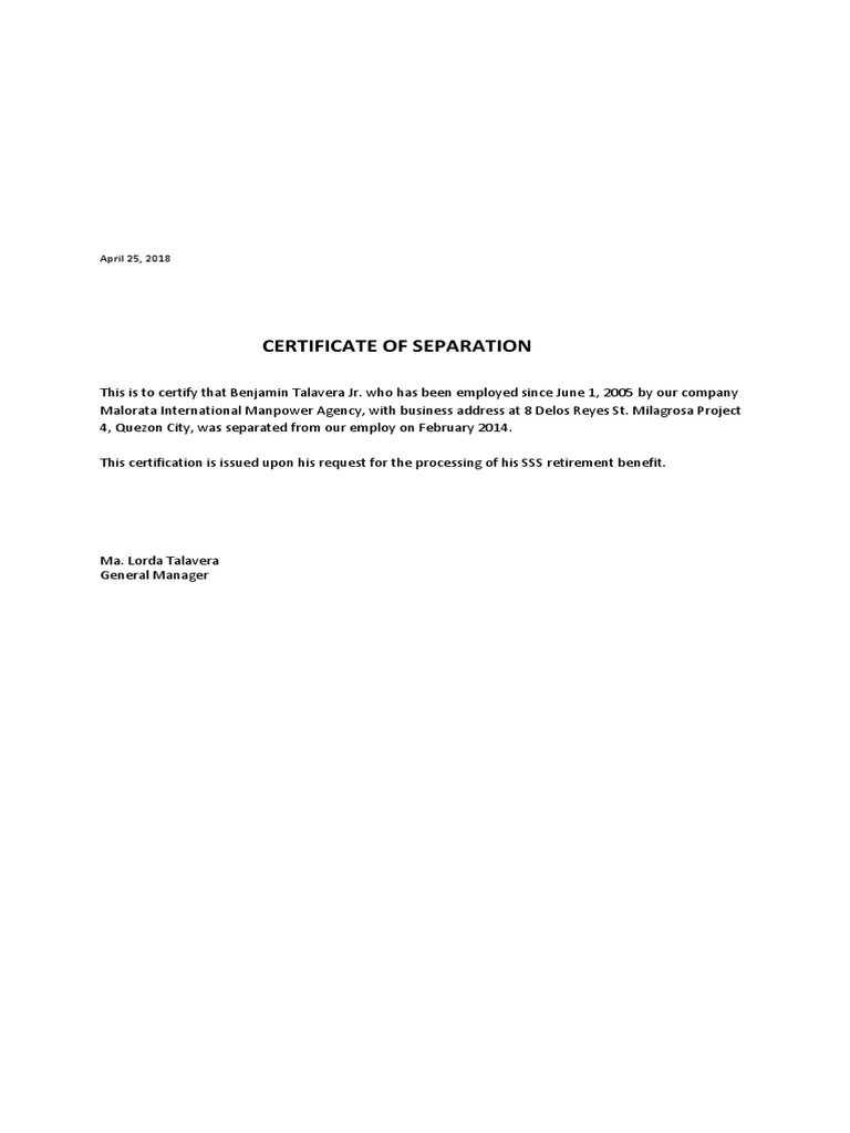 Cert of Separation | PDF