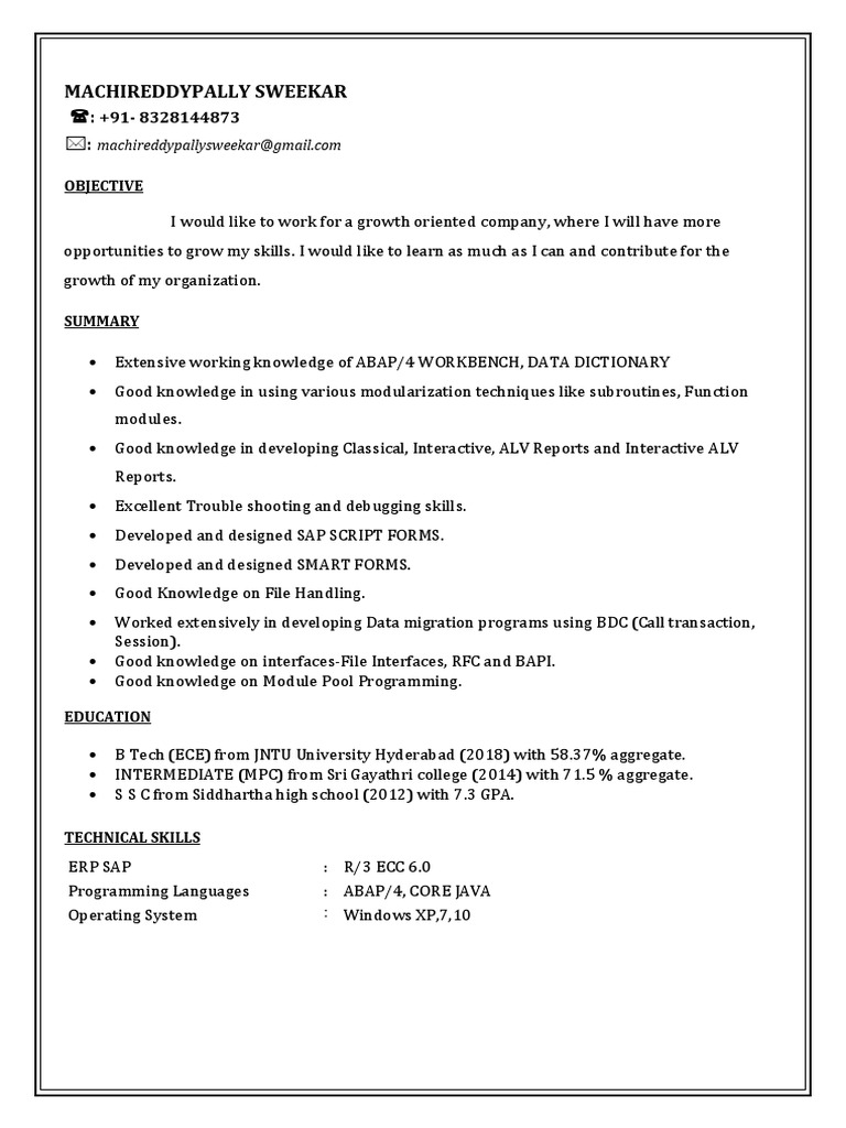 0 - Abap Fresher Resume Sweekar | PDF | Computing | Software