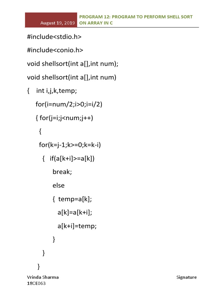 August 19 2019 Program 12 Program To Perform Shell Sort On Array In C Pdf 