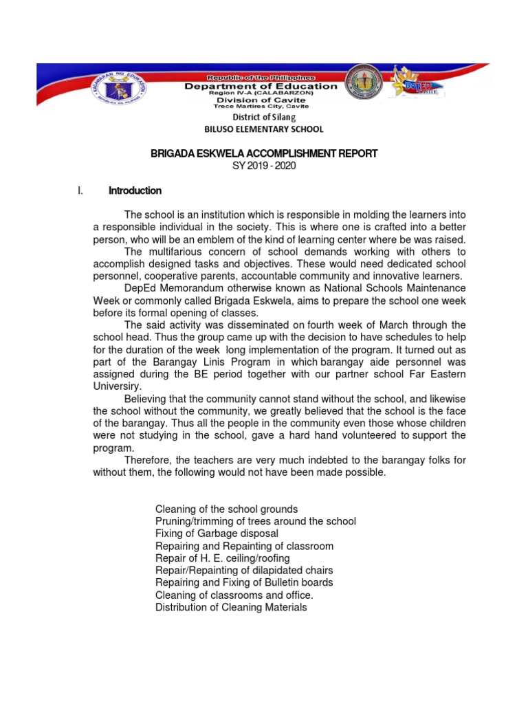 Brigada Eskwela Accomplishment Report from Biluso Elementary School ...