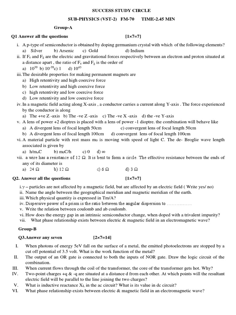 Success Study Circle Sub-Physics (Vst-2) Fm-70 Time-2.45 Min Group-A Q1 ...