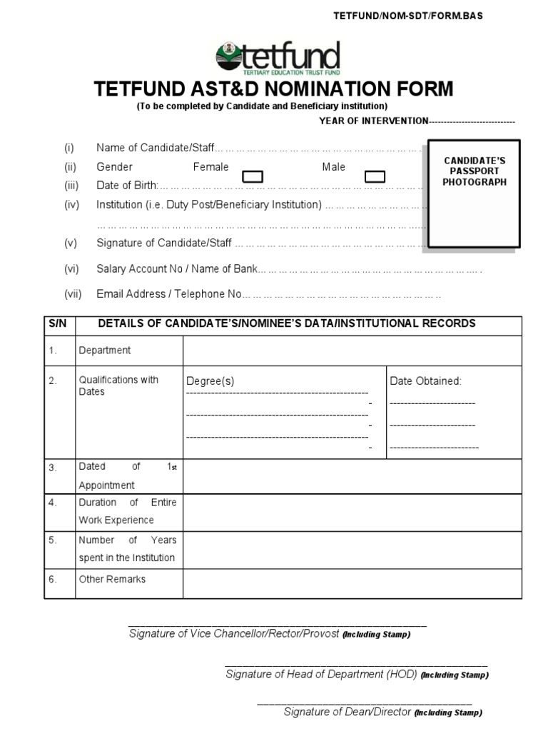 TETFUND Nomination Form for Candidates | PDF | Academia