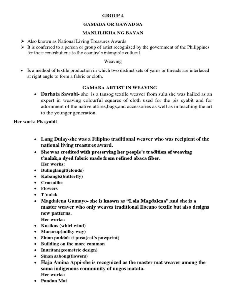 Group 4 Gamaba or Gawad Sa Manlilikha NG Bayan | PDF | Weaving | Textiles